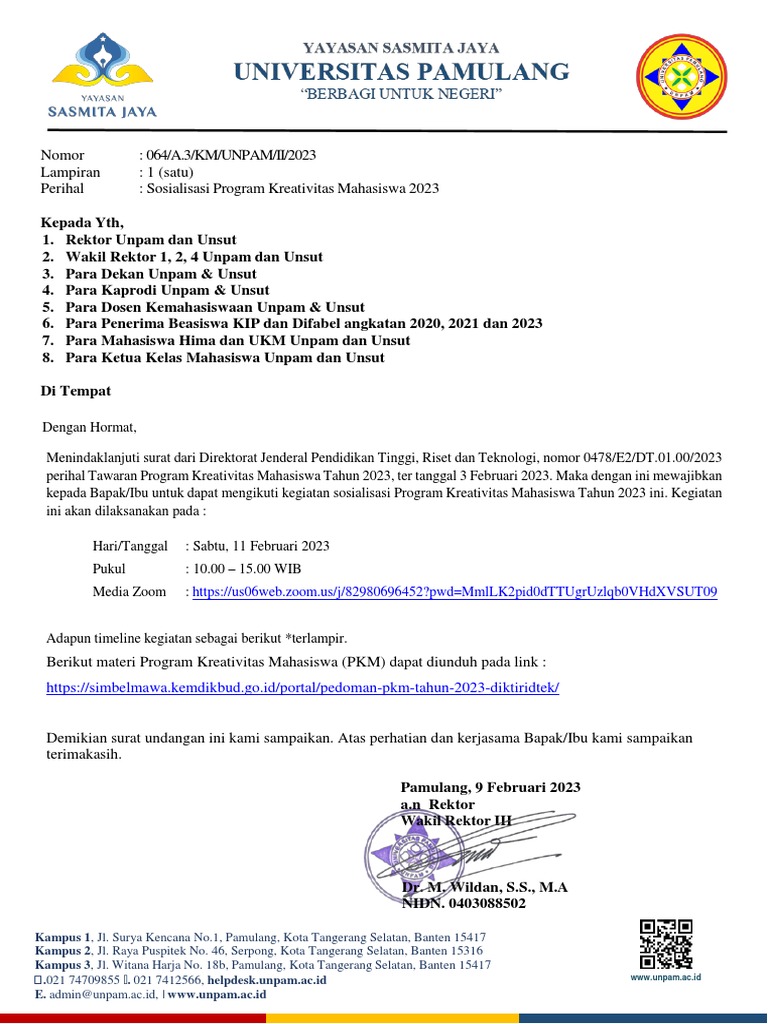 Surat Sosialisasi Program Kreativitas Mahasiswa 2023 | PDF