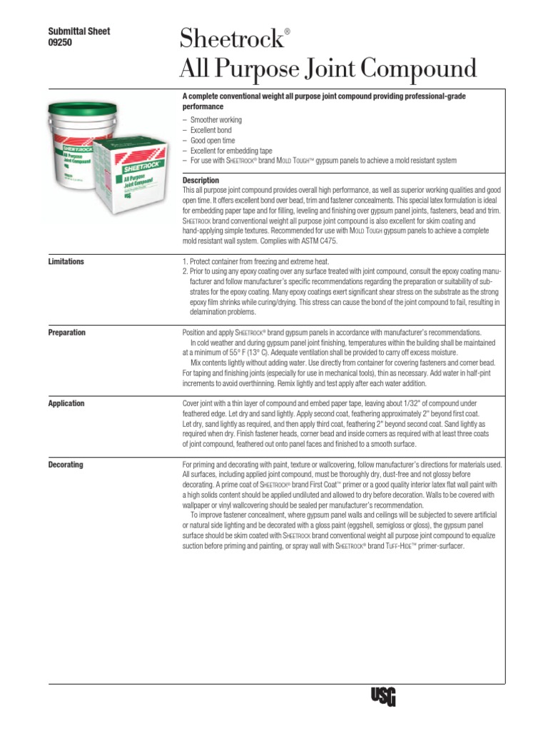 Sheetrock All Purpose Joint Compound Submittal J1969 | PDF | Drywall ...