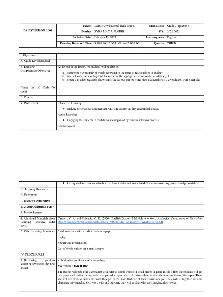 Lesson Plan | PDF | Analogy | Teachers