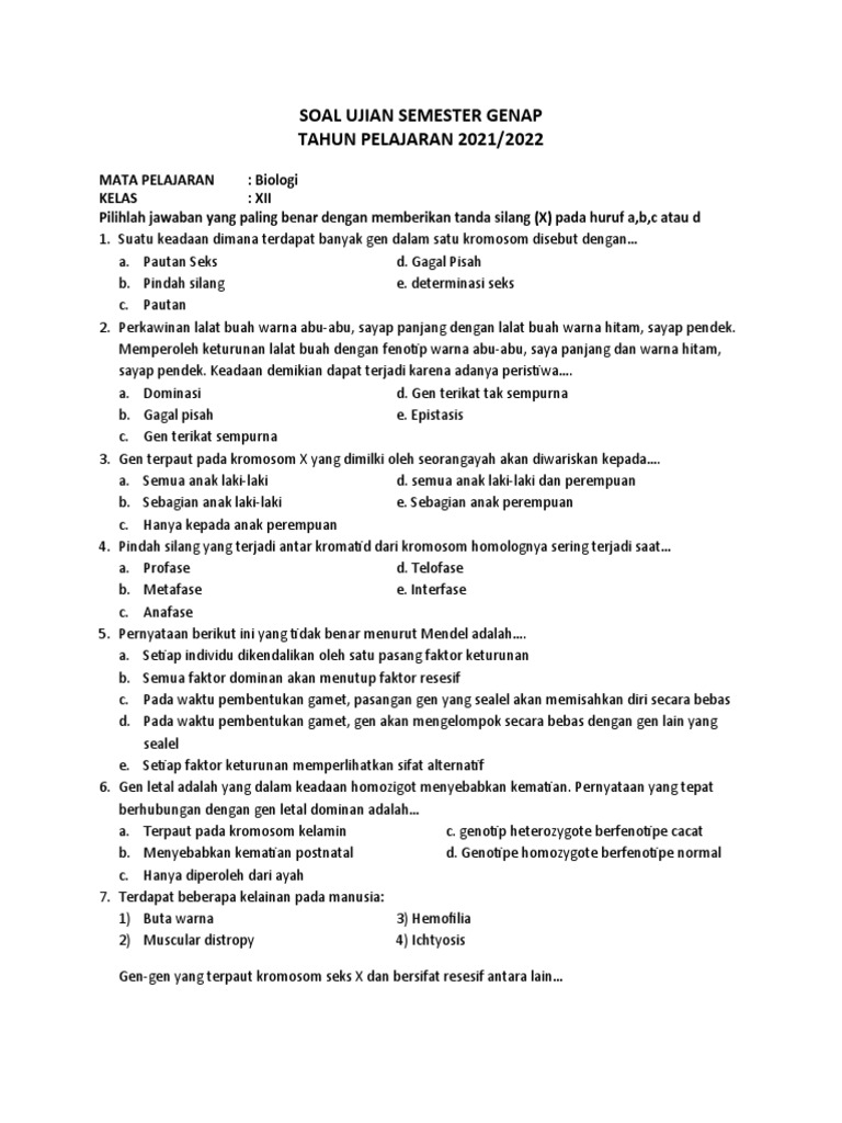 2022 Kelas 12 Biologi SOAL UJIAN SEMESTER GENAP | PDF