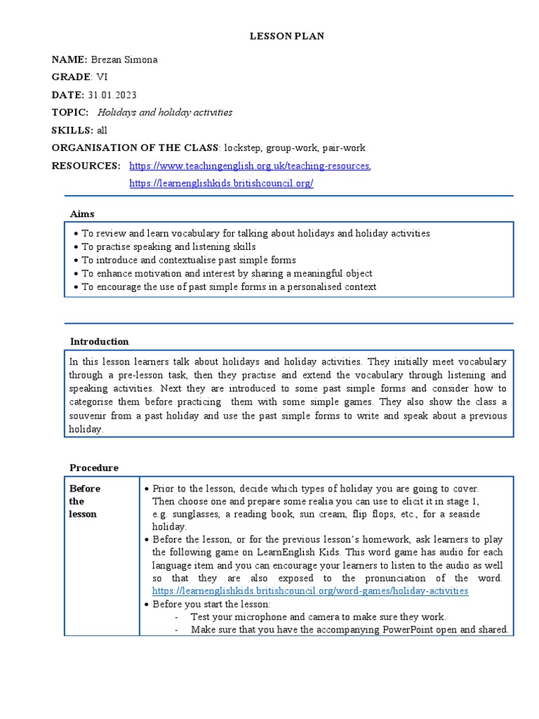 Holidays Lesson Plan | PDF | Lesson Plan | Vocabulary
