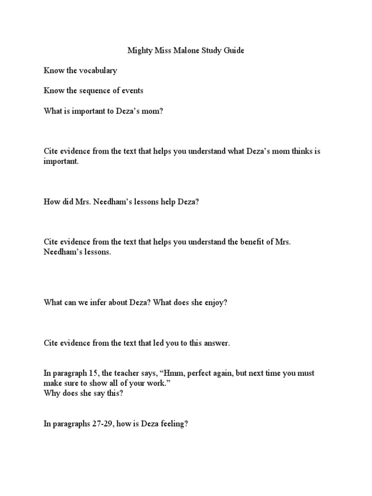 Mighty Miss Malone Study Guide | PDF | Language Arts & Discipline