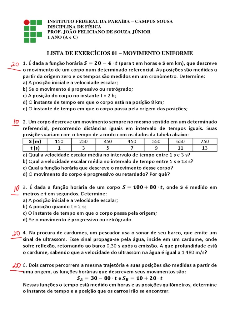 Lista de Exercícios de Movimento Uniforme | PDF