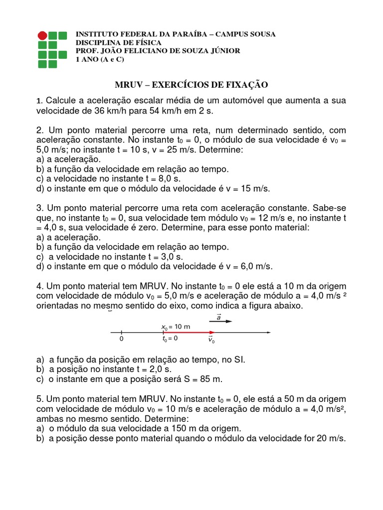02 - Mruv - Lista de Exercícios de Fixação | PDF