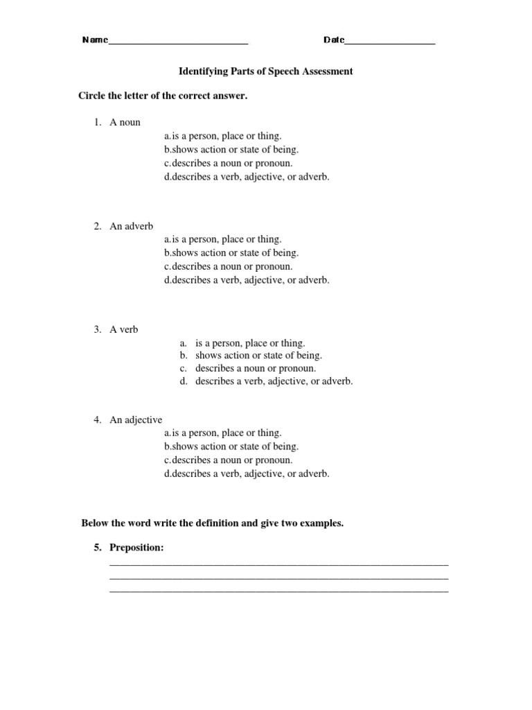 Identify Parts of Speech Assessment W Key | PDF