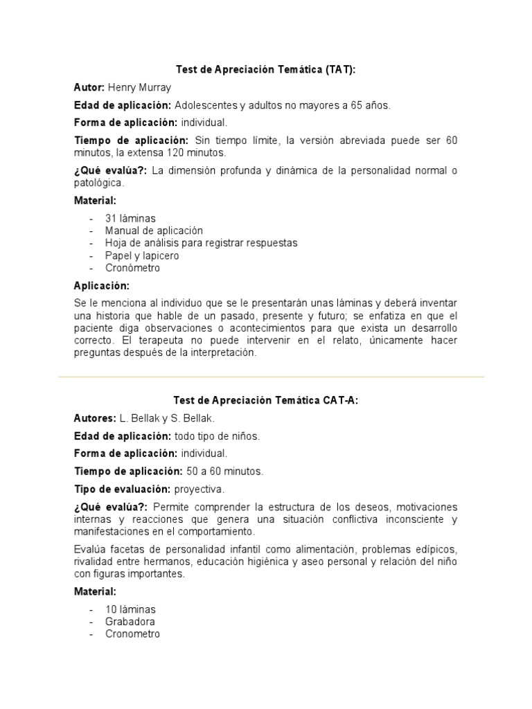 Fichas Técnicas TAT, CAT - A, CAT - H | PDF | Sicología | Conceptos psicologicos