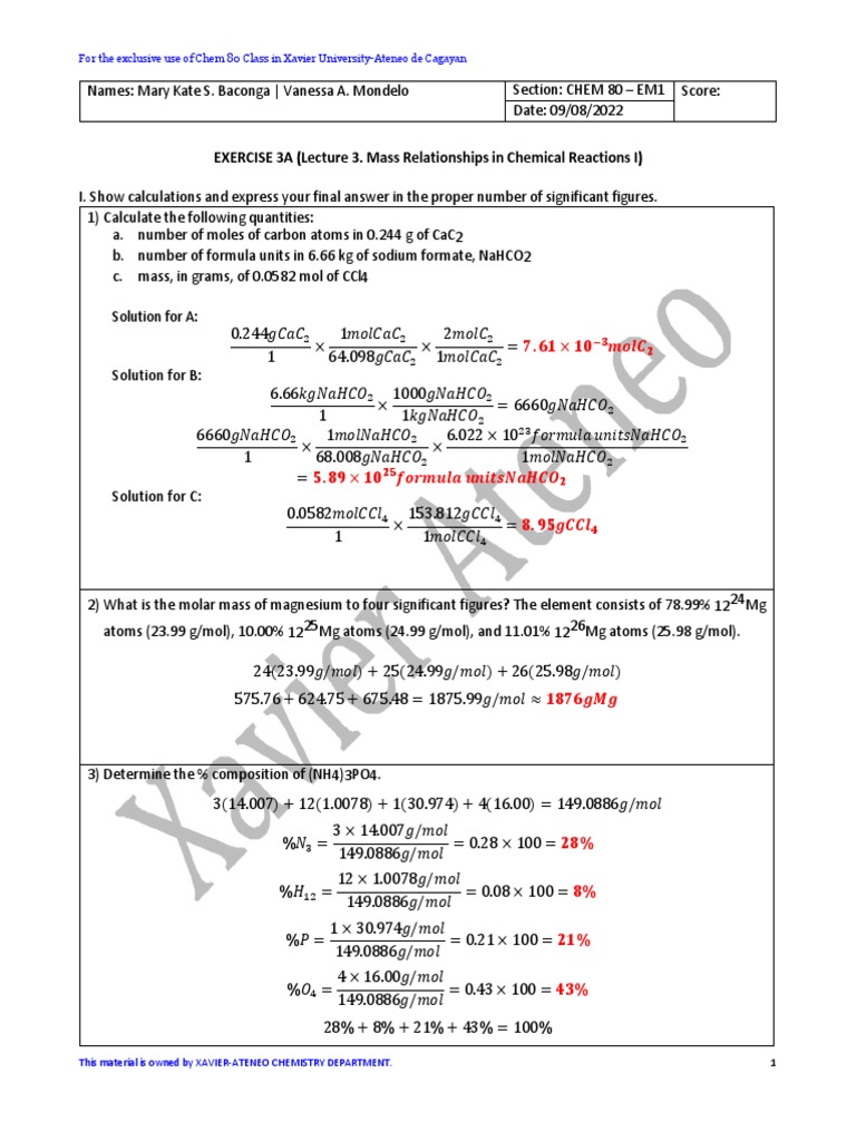Baconga - Chem 80 Exercise 3A (Lecture 3. Mass Relationships in Chemical Reactions I) | PDF ...
