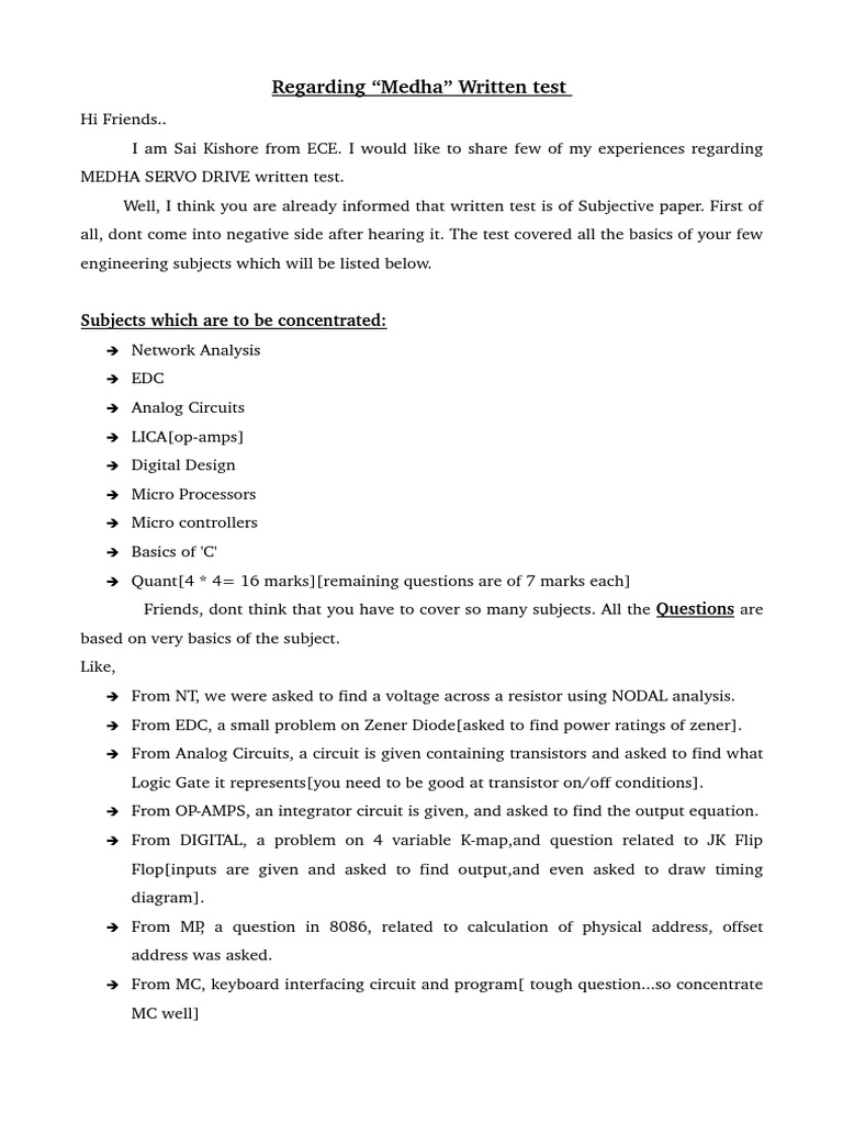 Medha Servo Drives Written Exam Pattern Given by KV Sai KIshore (BVRIT ...