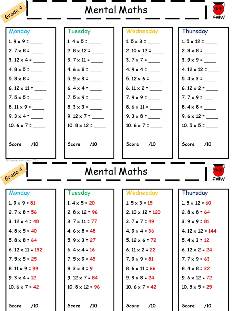 Grade 4 Mental Maths Multiplication Worksheet 1 | PDF