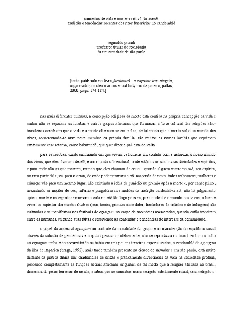 Reginaldo Prandi Conceitos de Vida e Morte No Ritual Do Axexe | PDF