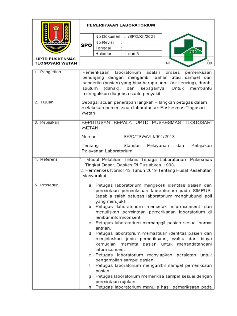 Sop Pemeriksaan Laboratorium | PDF