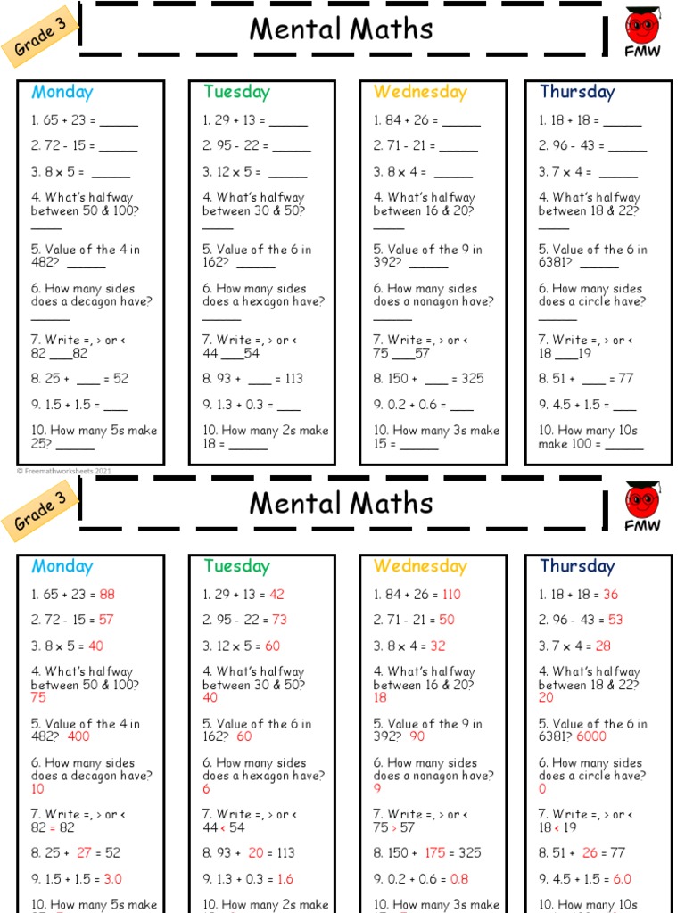 Grade 3 Mental Maths Worksheet 1 1 | PDF