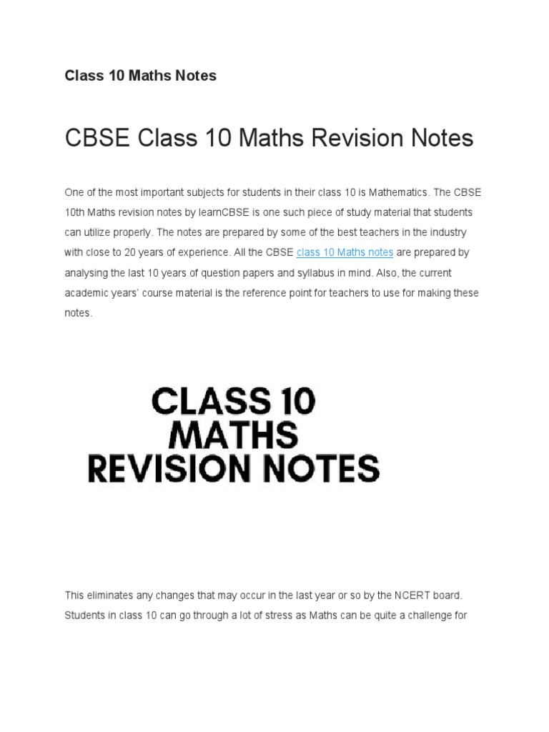 CBSE Class 10 Maths Notes | PDF | Equations | Mathematics CBSE Class 10 Maths Notes | PDF | Equations | Mathematics