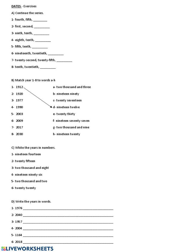 Practice with Dates - Continuing Number Sequences, Matching Years to ...