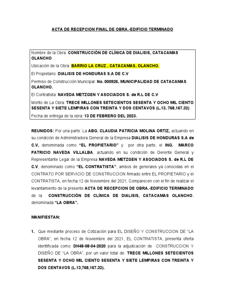 Acta Recepcion de Obra | PDF