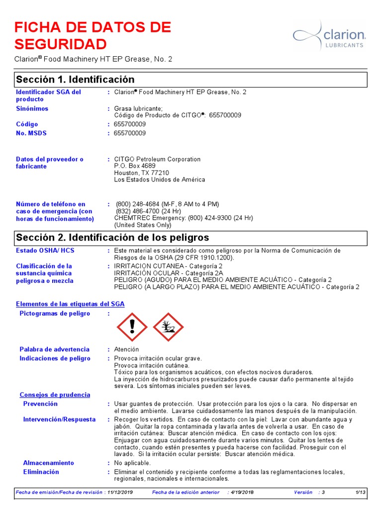 MSDS - CLARION FOOD MACHINERY HT EP No 2 | PDF | Residuos | Contaminación