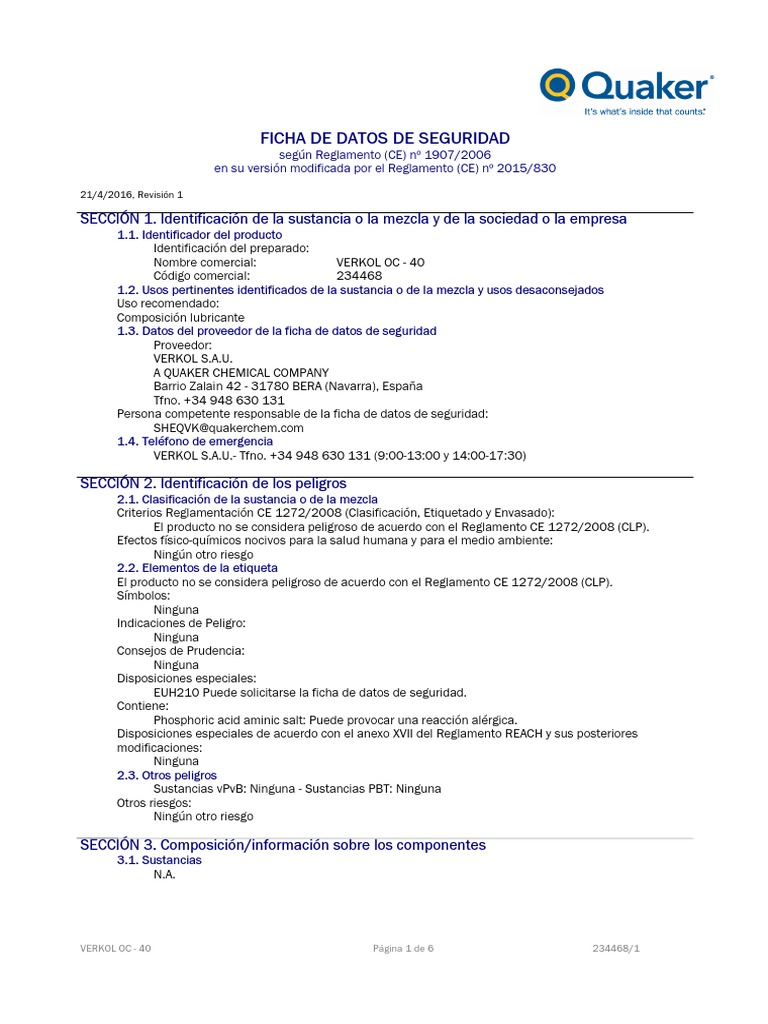 Ficha de Seguridad VERKOL OC-40 | PDF | Química | Ciencias fisicas