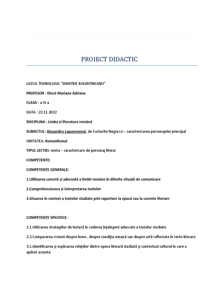 Proiect Didactic Nuvela Istorică | PDF