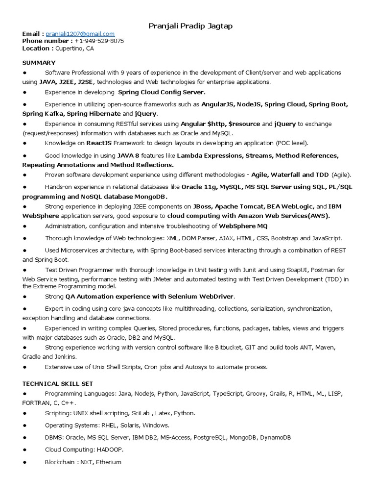 Pranjali P Jagtap - Resume | PDF | Spring Framework | Databases