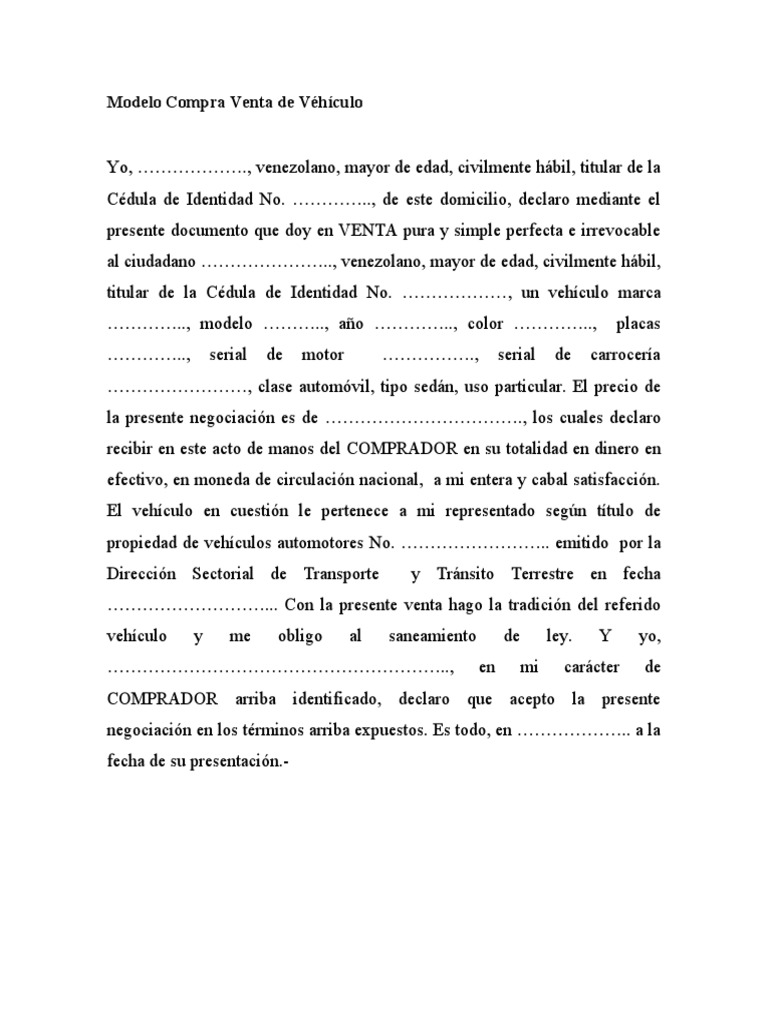 Modelo de Compra Venta de Vehículo en Venezuela | PDF