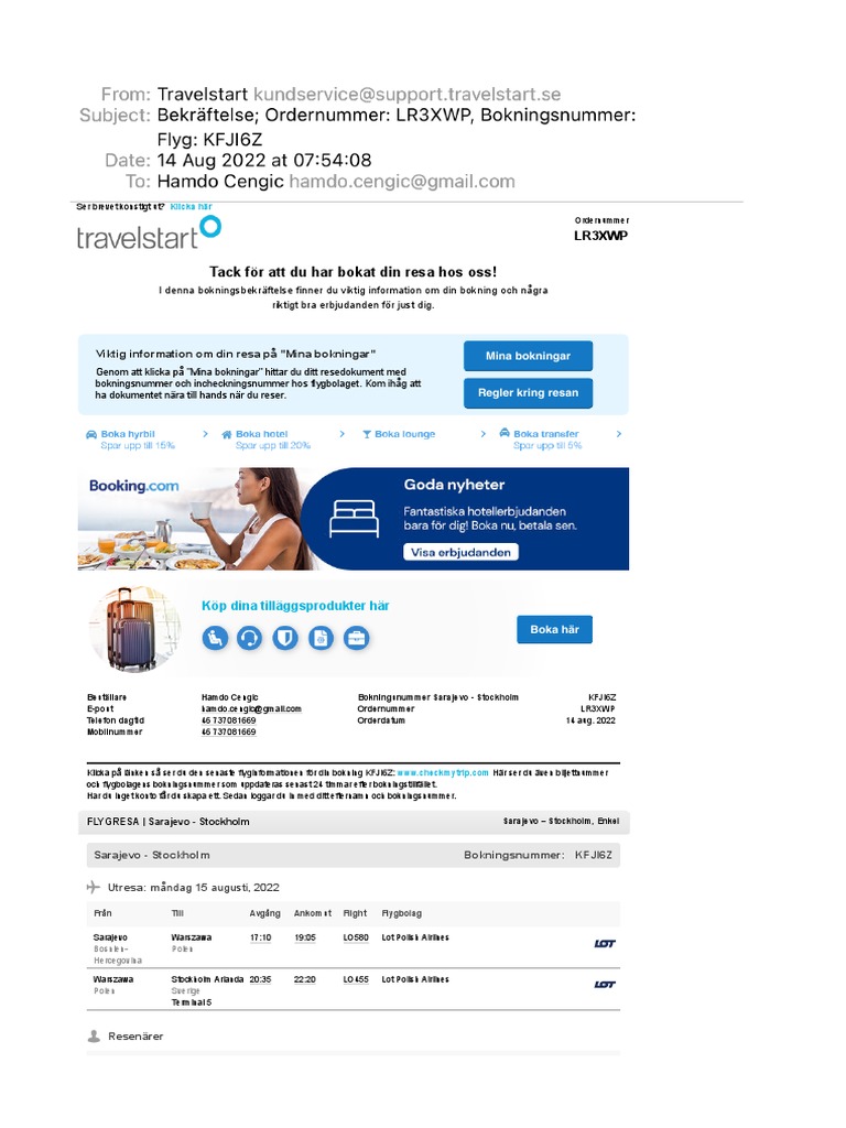 Bekräftelse Ordernummer LR3XWP, Bokningsnummer Flyg KFJI6Z | PDF