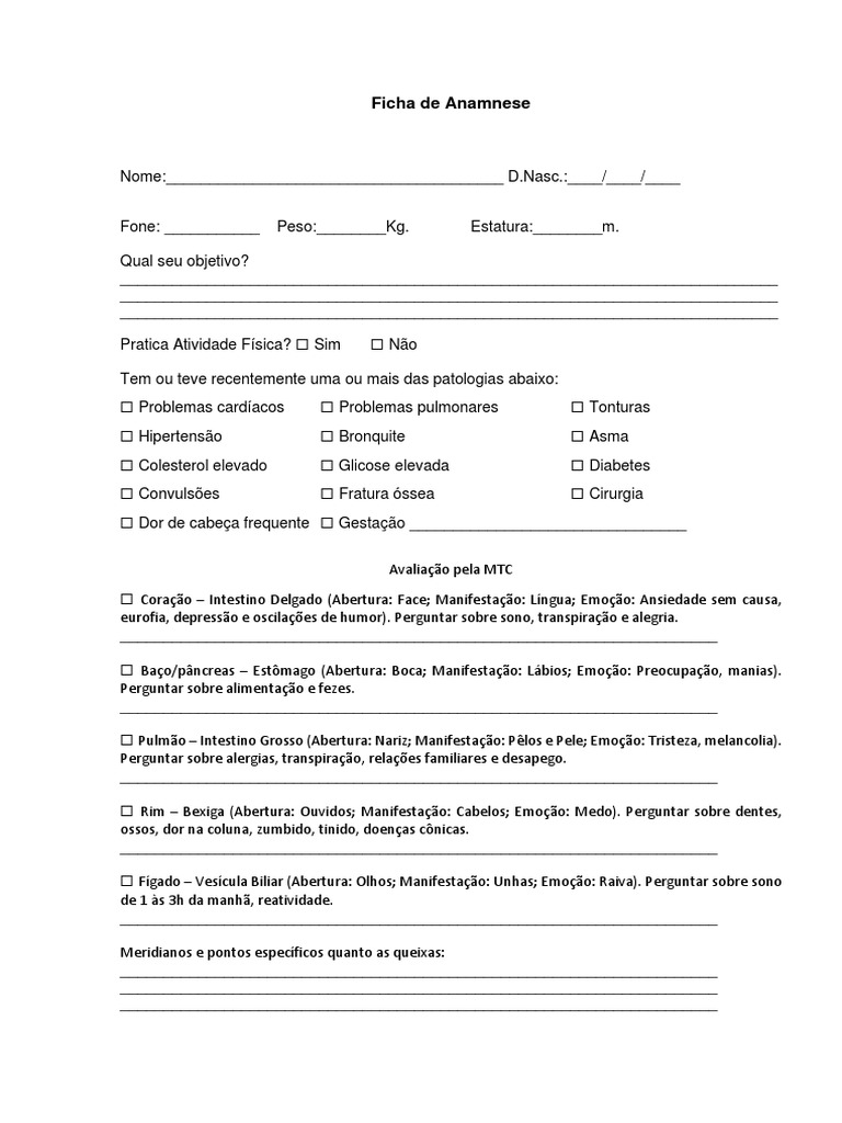 Ficha de Anamnese - MTC | PDF