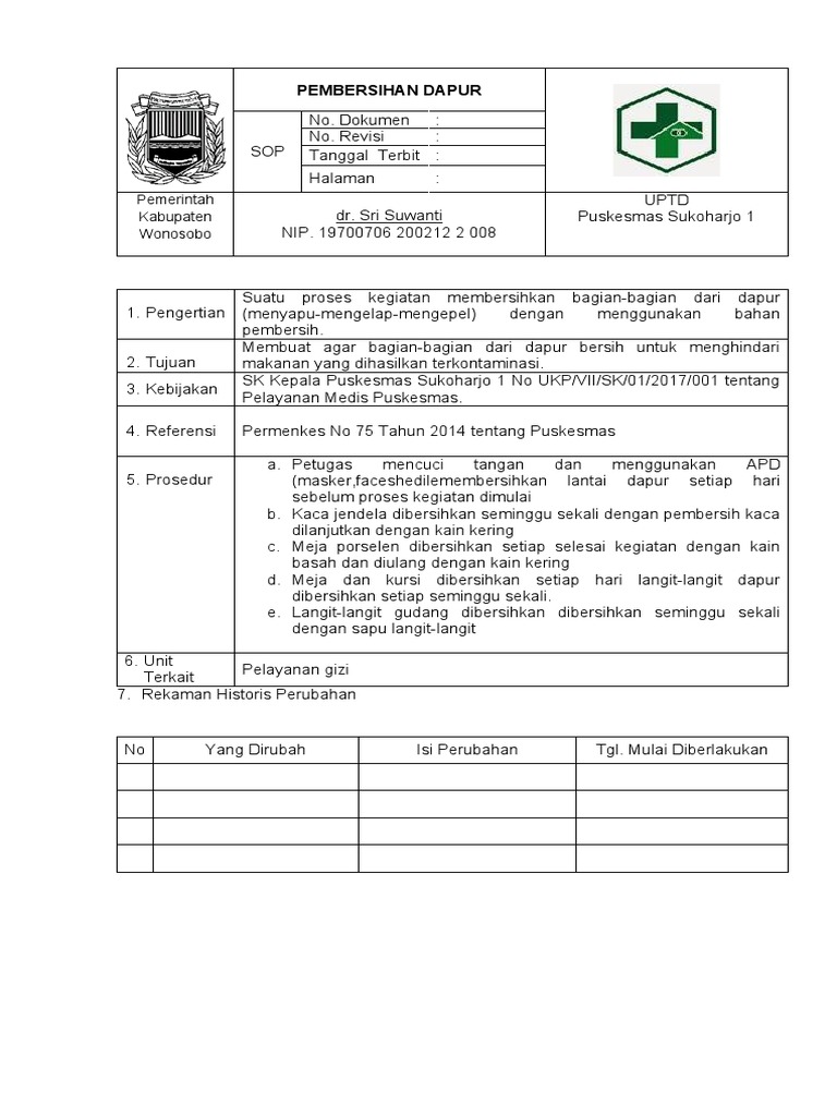 SOP PEMBERSIHAN RUANG DAPUR - Terbaru | PDF