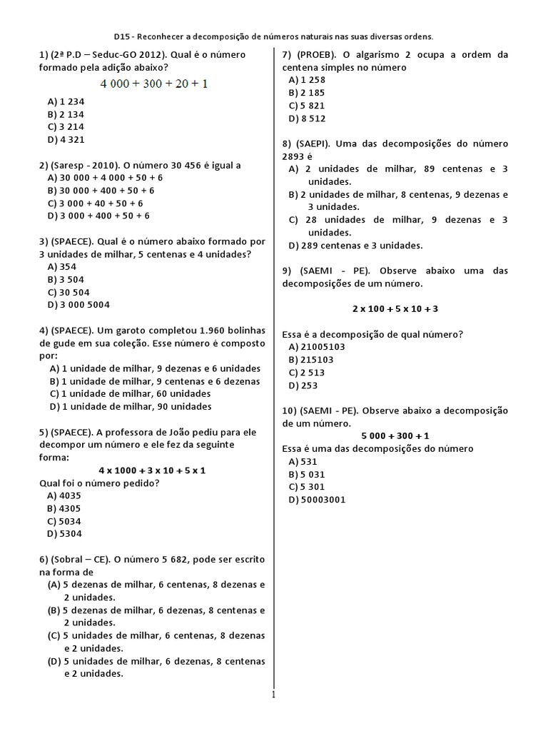 D15 (5º ANO - Mat.) - Blog Do Prof. Warles | PDF