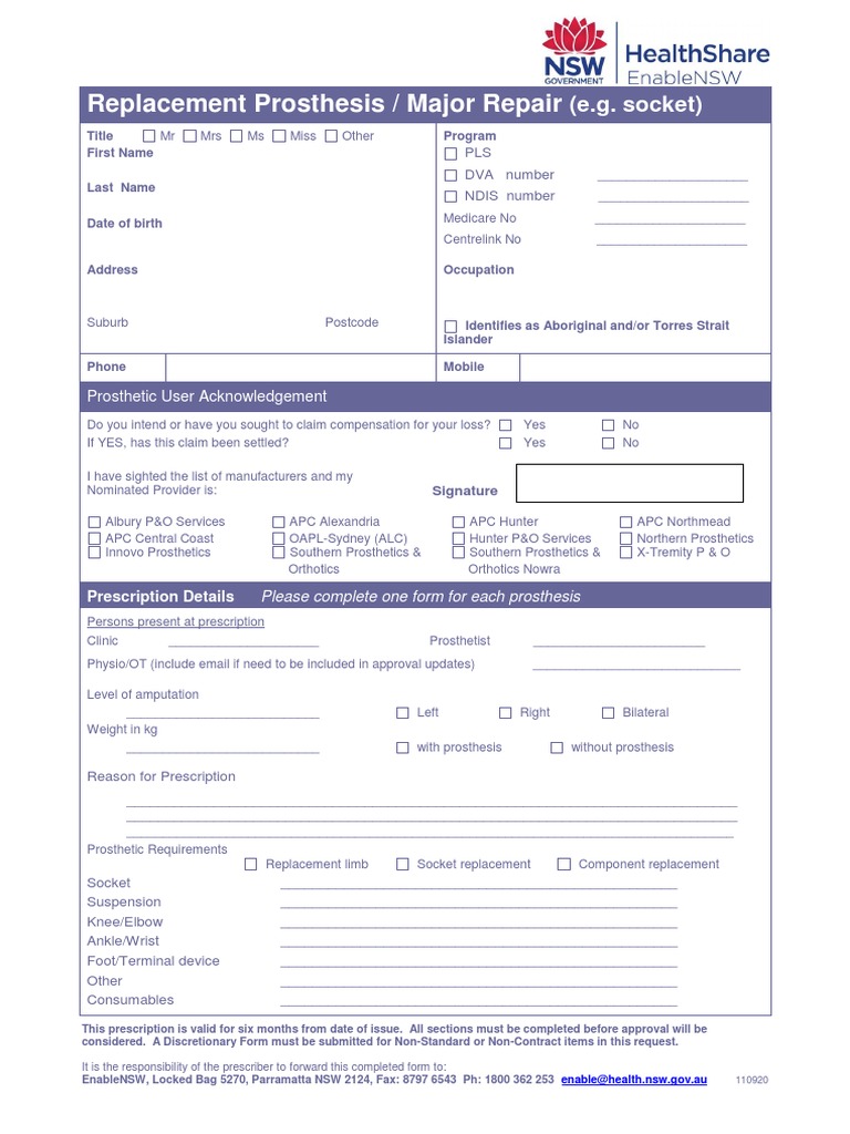 Prosthetic Prescription Form NSW | PDF | Prosthesis