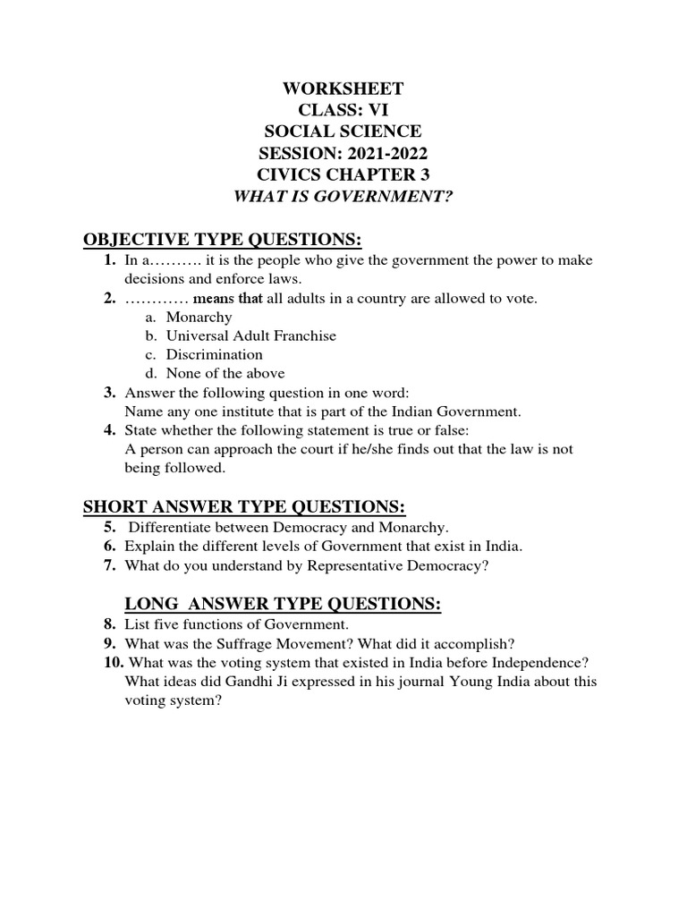 Class VI Civics Ch.3 WORKSHEET PDF | PDF | Suffrage | Democracy