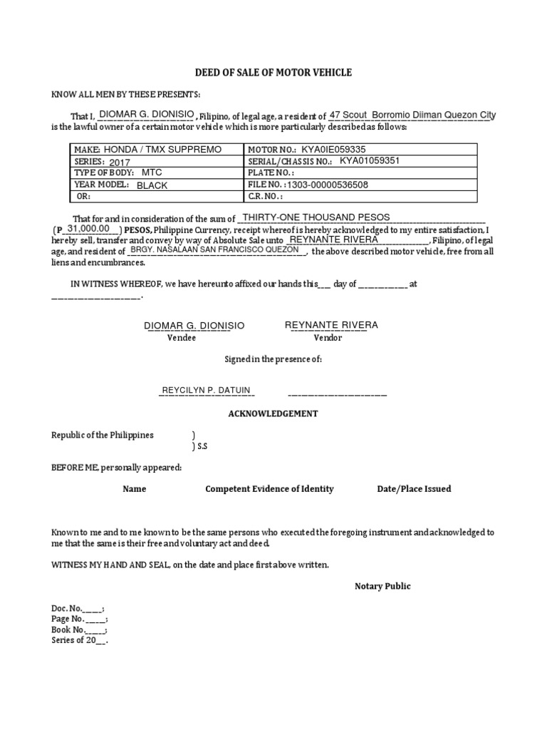 Main Deed Sale Motor Vehicle Form Philippines | PDF Main Deed Sale Motor Vehicle Form Philippines | PDF