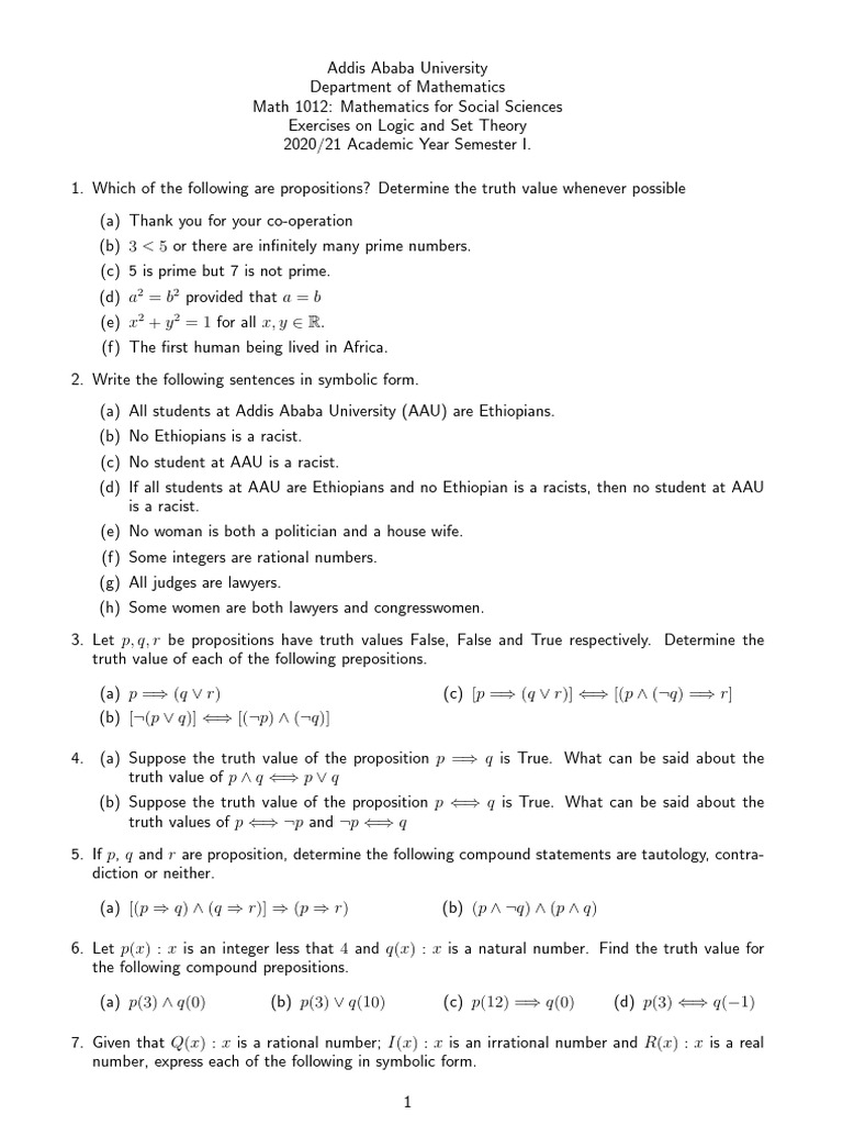 Math1012 Exercises On Logic and Set Theory | PDF | Numbers | Set (Mathematics)