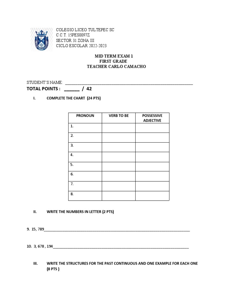 Mid Term Exam 1 First Grade | PDF