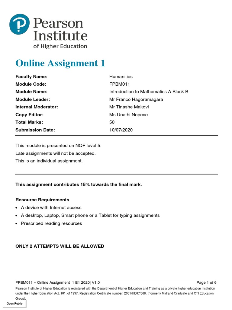 FPBM011 - Online Assignment 1 - B1 2020 V1.0 | PDF