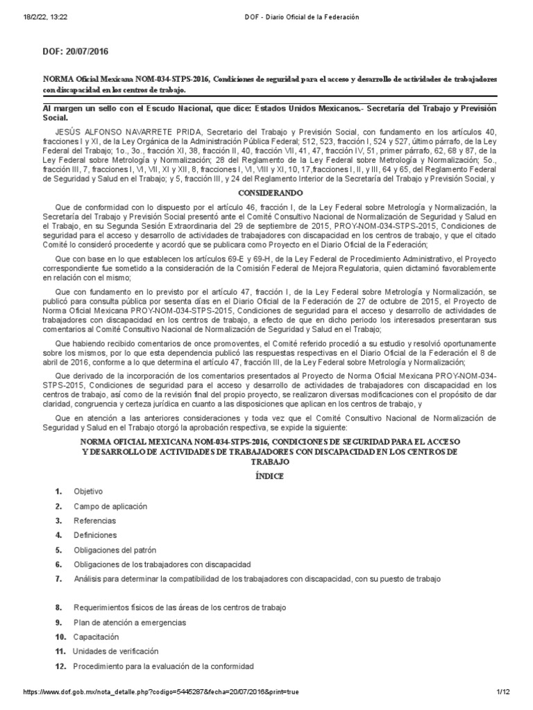Nom 034 STPS 2016 | PDF | Invalidez | Seguridad y salud ocupacional