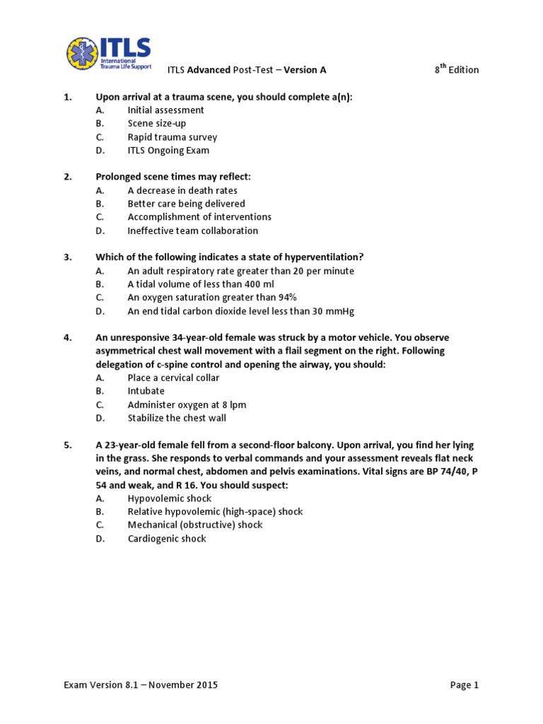ITLS 8e Advanced Post Test Exam Version A | PDF