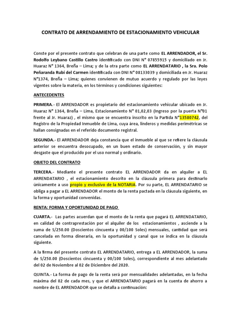 Contrato de Arrendamiento de Estacionamiento Vehicular | PDF Contrato de Arrendamiento de Estacionamiento Vehicular | PDF