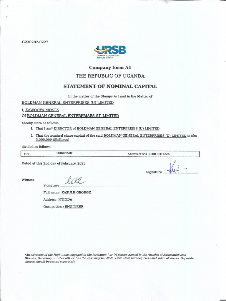 Statement of Nominal Capital | PDF