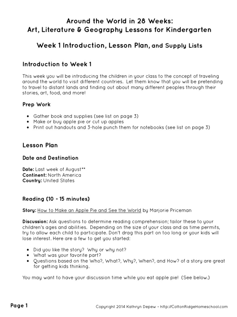 Kindergarten Around The World Lesson Plan Week 1 | PDF