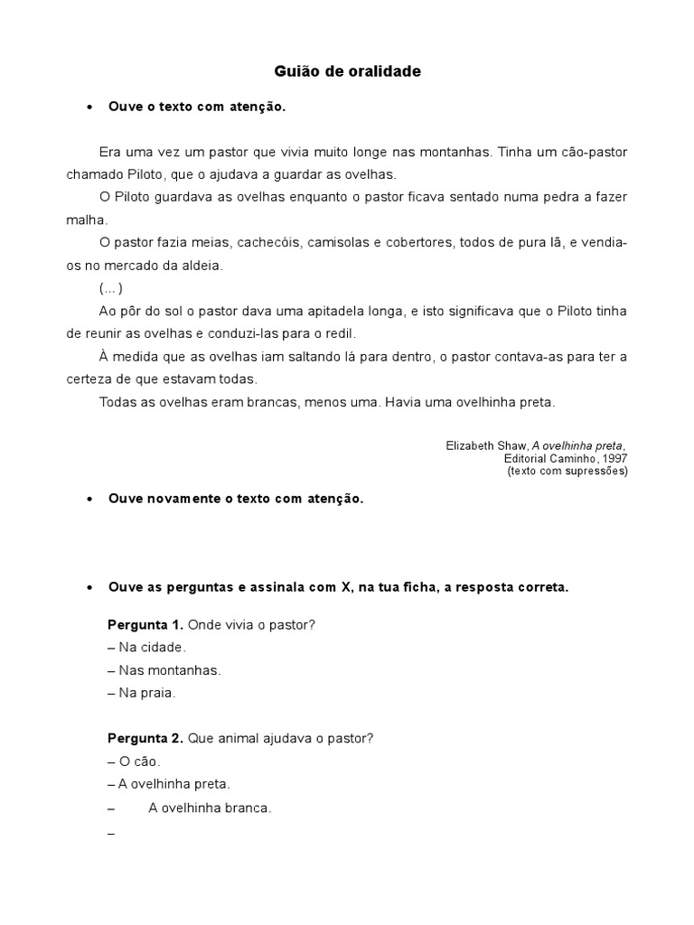 Guião Da Oralidade Da Ficha Intercalar Portugues 2ºp | PDF