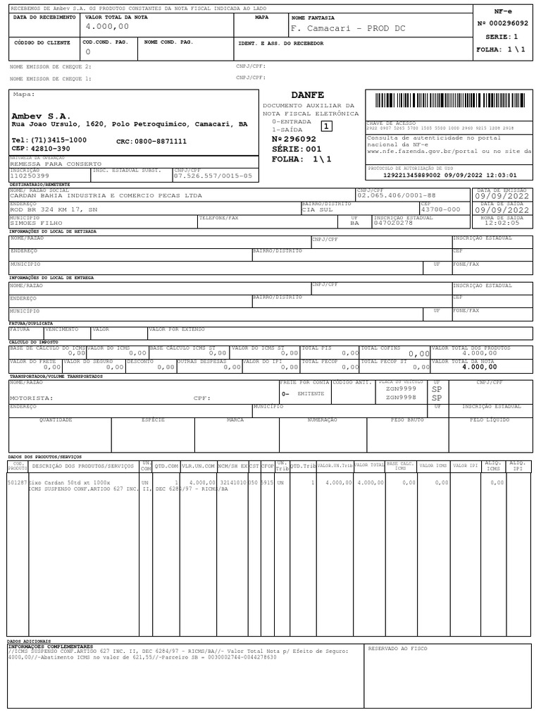 Nota Fiscal Eletrônica Ambev | PDF | Documento | Comunicação escrita