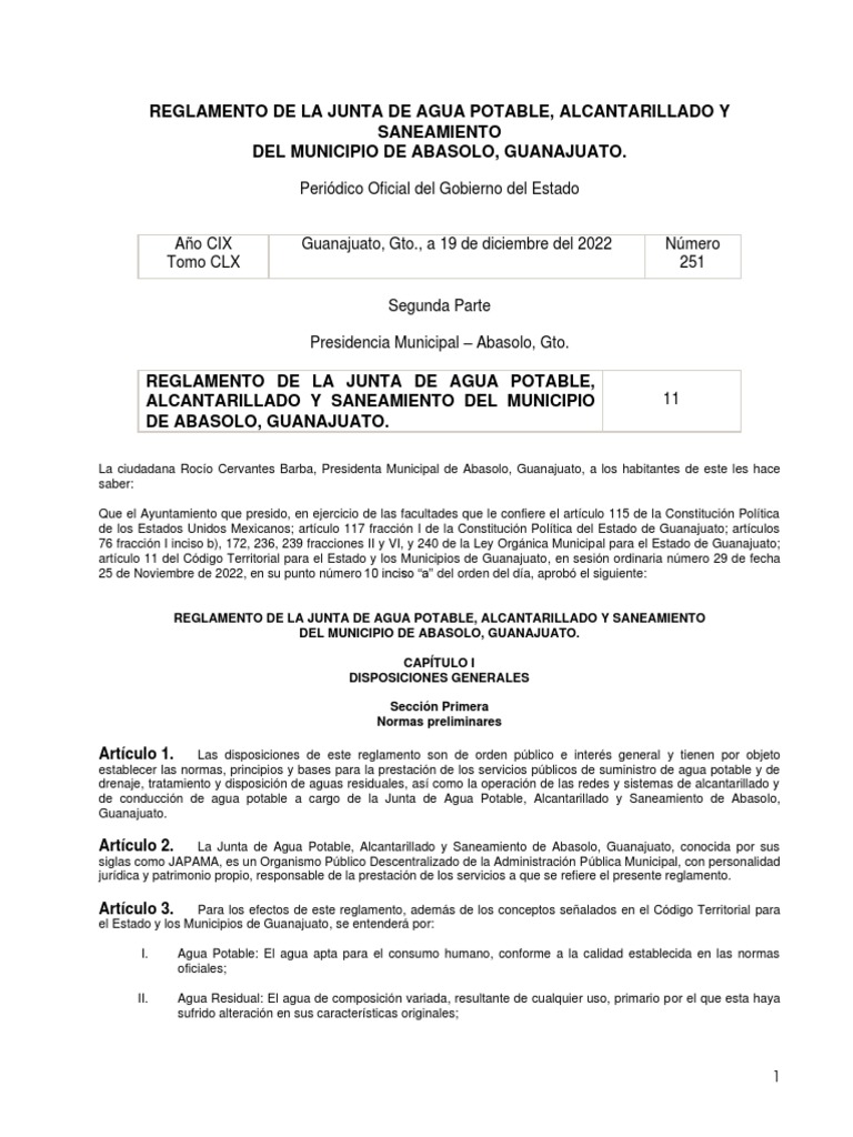 Reglamento de La Junta de Agua Potable Alcantarillado y Saneamiento Del Municipio de Abasolo ...