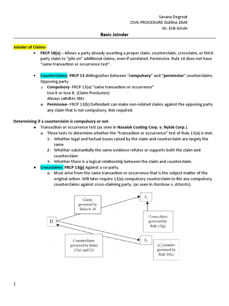 Civ Pro 1 Outline | PDF | Federal Rules Of Civil Procedure | Diversity ...