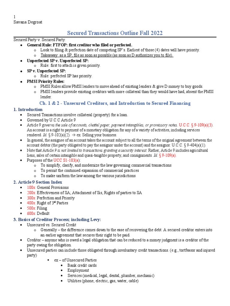 Secured Transaction Outline | PDF | Security Interest | Uniform ...
