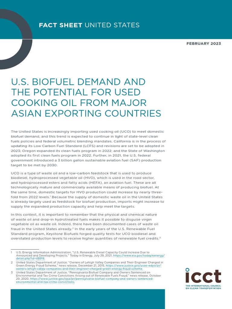 U.S. Biofuel Demand and The Potential For Used Cooking Oil From Major ...