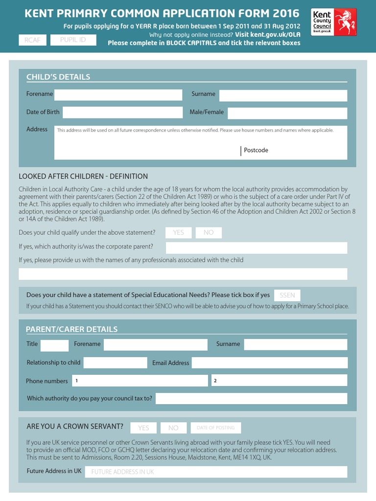 Example Of Kent Primary School Admission Application Form Pdf