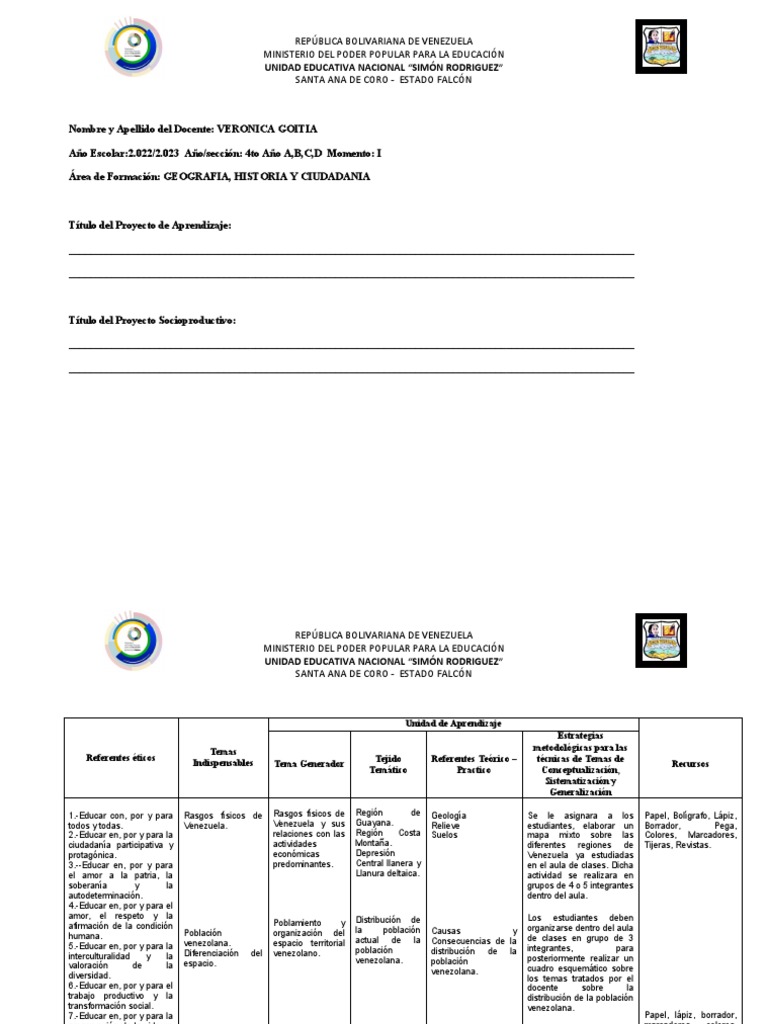 Planificacion de 4to Año A, B, C, D GHC | PDF | Venezuela