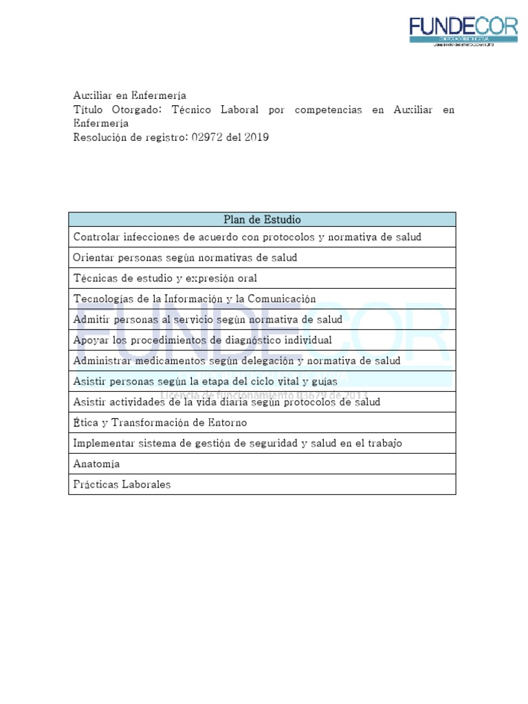 Plan de Estudio Auxiliar en Enfermeria | PDF