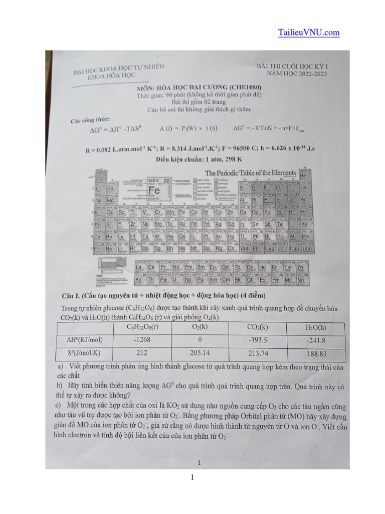 Đề thi Hóa học đại cương kỳ 1 năm học 2022-2023 - HUS | PDF