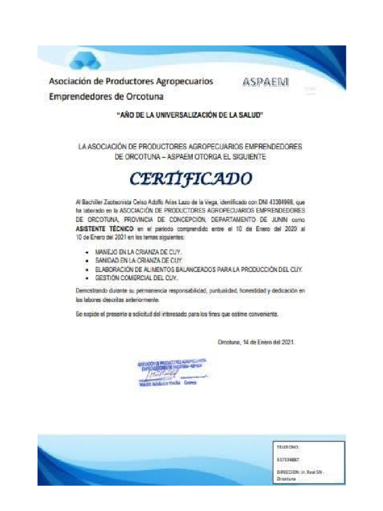 Certificado Asistente Tecnico Cuy | PDF